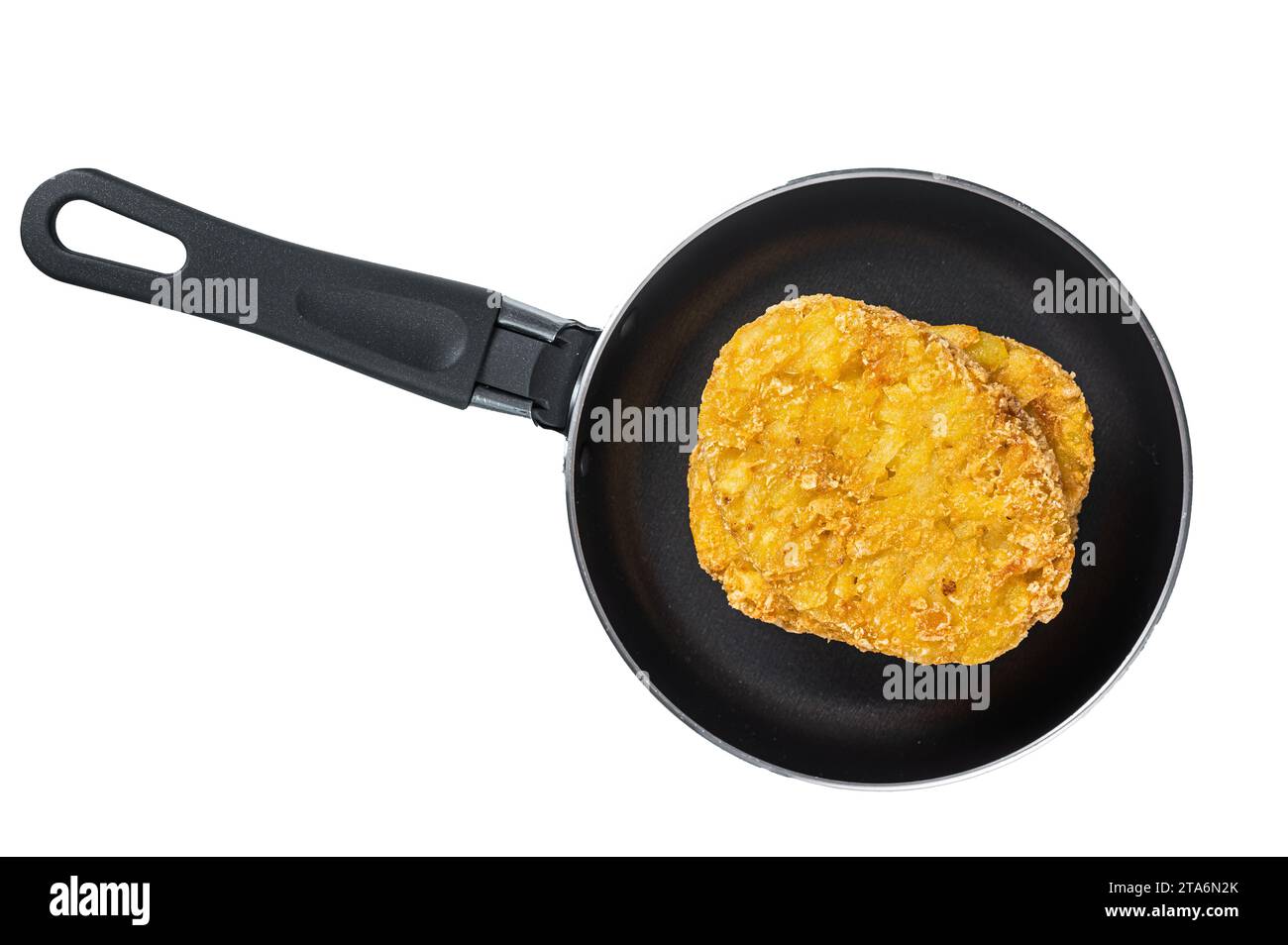 Fried Hash brown potato, hashbrown fritters in a skillet. Isolated ...