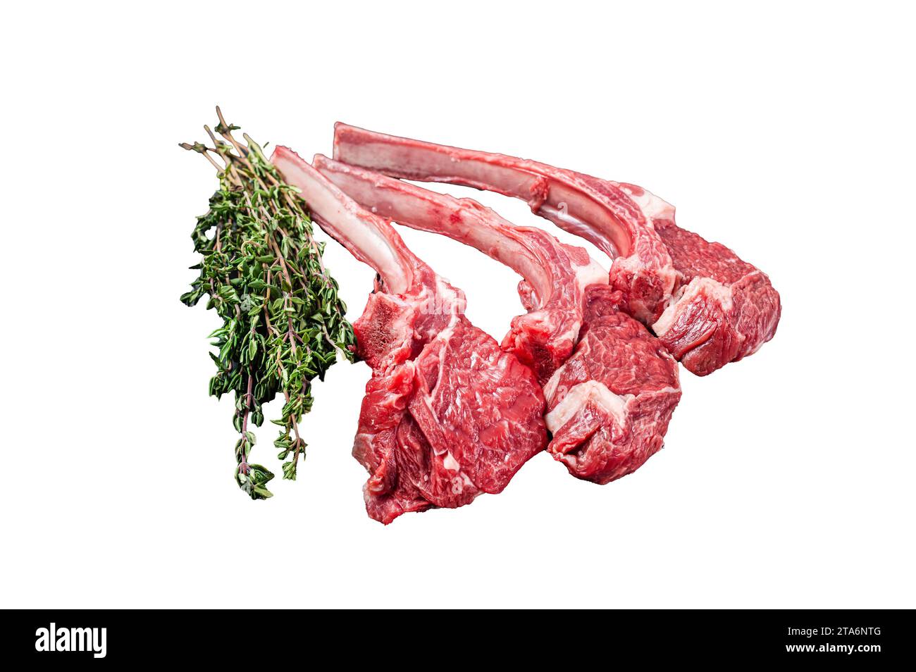 Uncooked Raw Lamb chop steak, mutton cutlet on marble board. Isolated ...