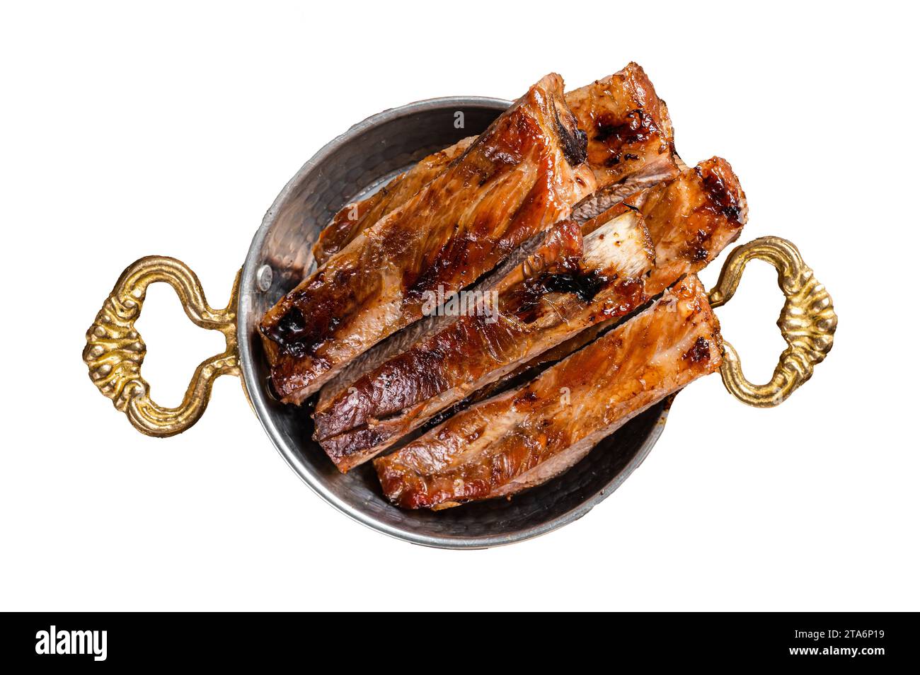 Barbecue chopped pork spare ribs in a skillet. Isolated, white ...