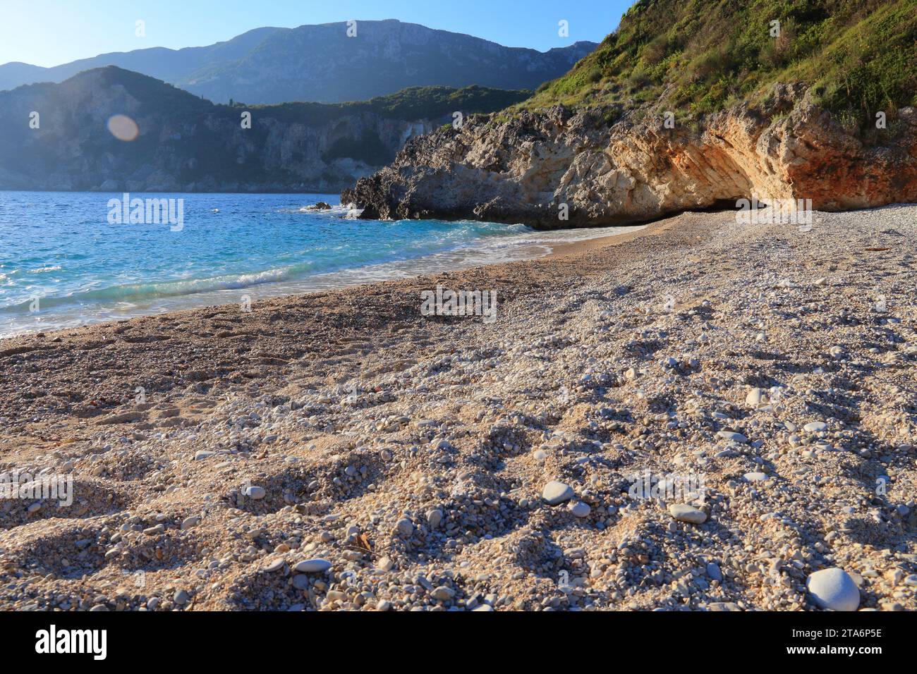 Corfu island landscape - Rovinia beach in Liapades. Greek island beach ...