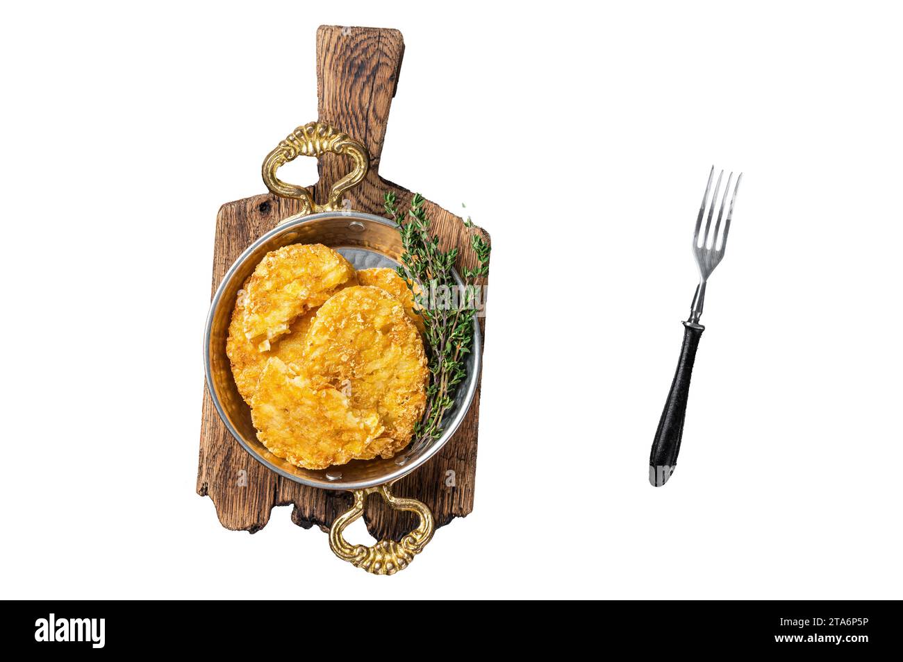 Fried Hash brown potato, hashbrown in a skillet. Isolated, white ...