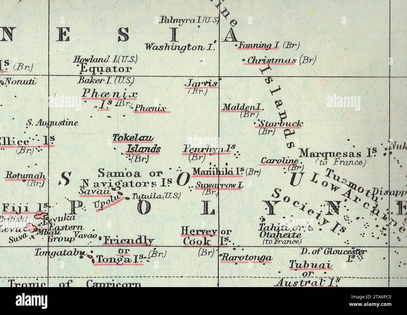 A vintage/antique political map of Polynesia islands in sepia Stock ...