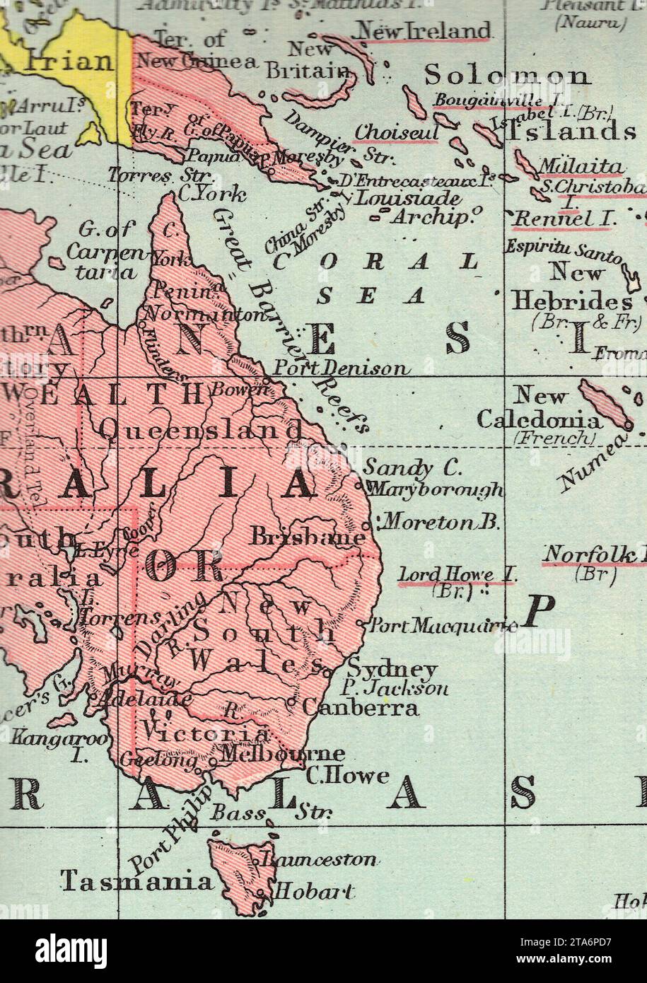 A vintage/antique political map of the eastern Australia in sepia Stock ...