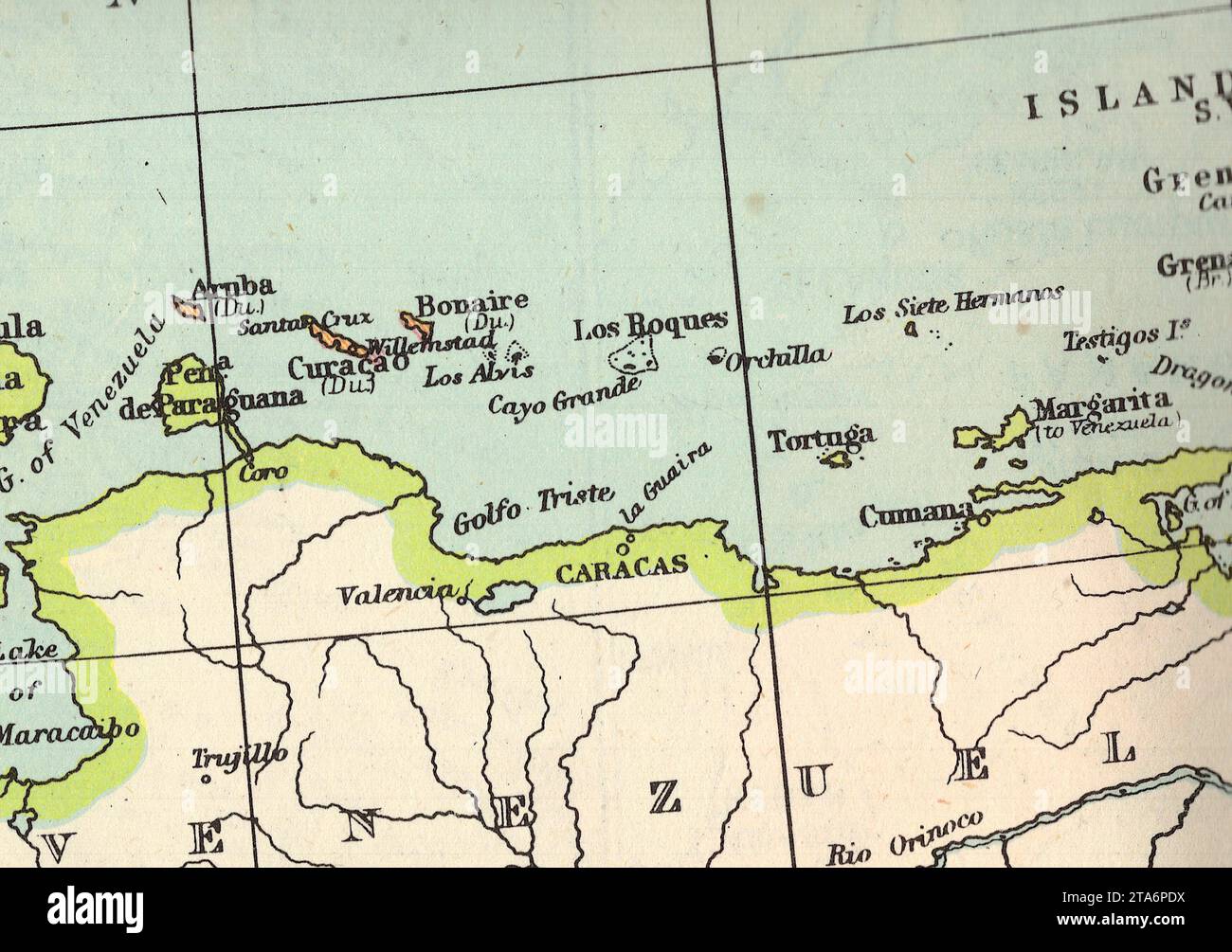 A vintage/antique political map of the coast of Venezuela in sepia ...