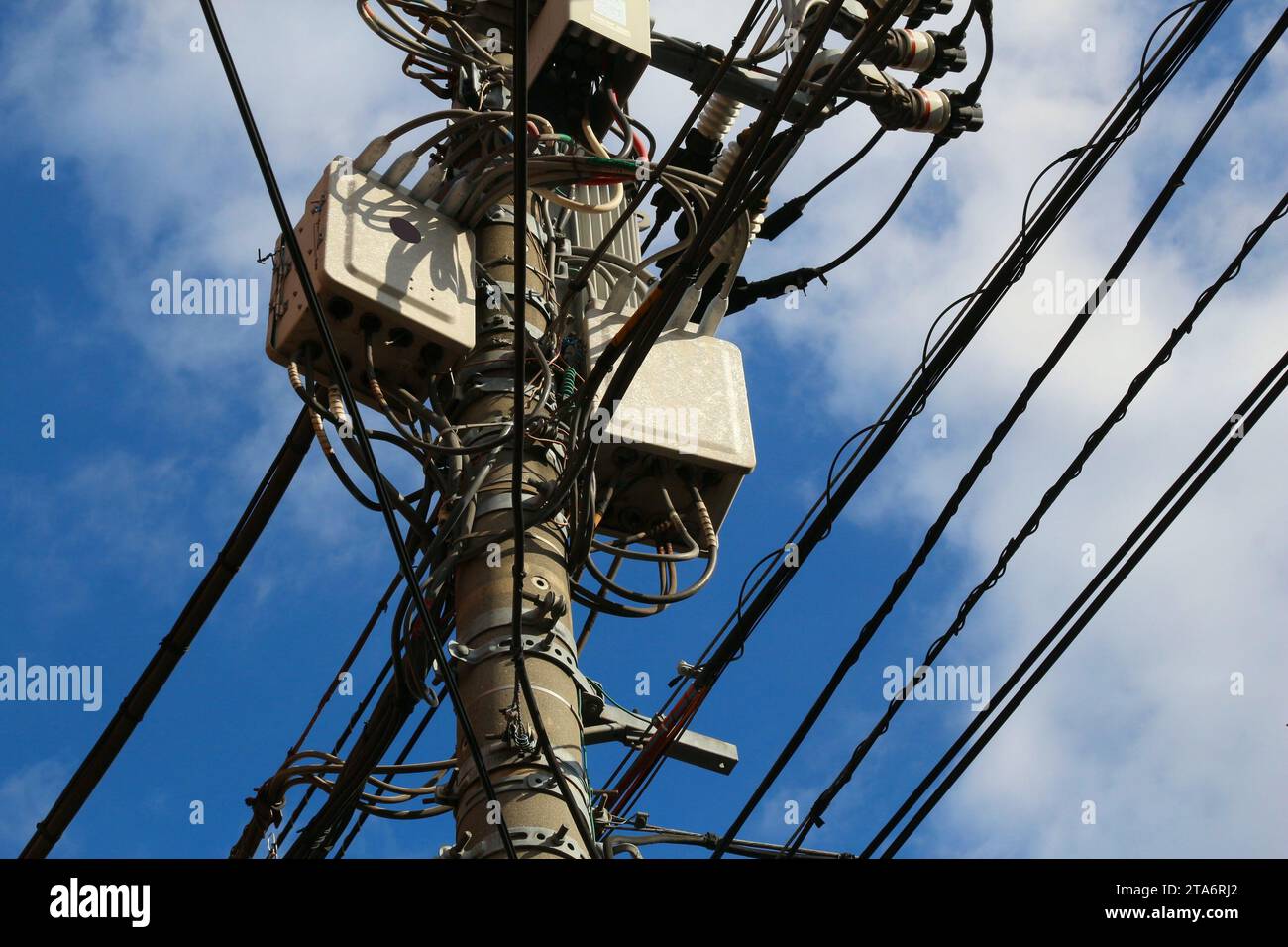 Electric grid in Japan. Concrete electric pole with wires Stock Photo ...