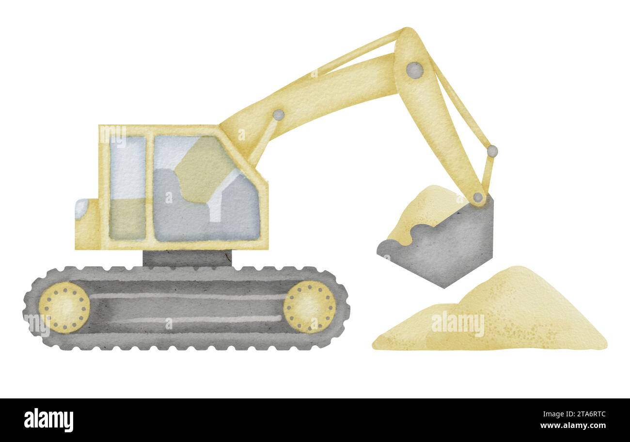 Excavator Watercolor illustration. Hand drawn clip art of Digger on ...