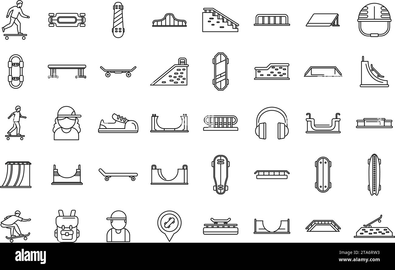 Skating park icons set outline vector. Skate roller stunt. Ramp young ...