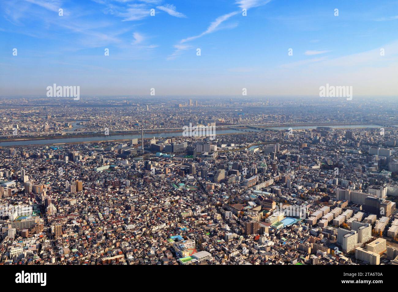 Tokyo city aerial view with Arakawa River. Tachibana and Hirai ...