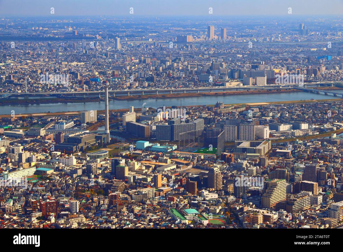 Tokyo cityscape with Arakawa River. Higashisumida, Tachibana and Hirai ...