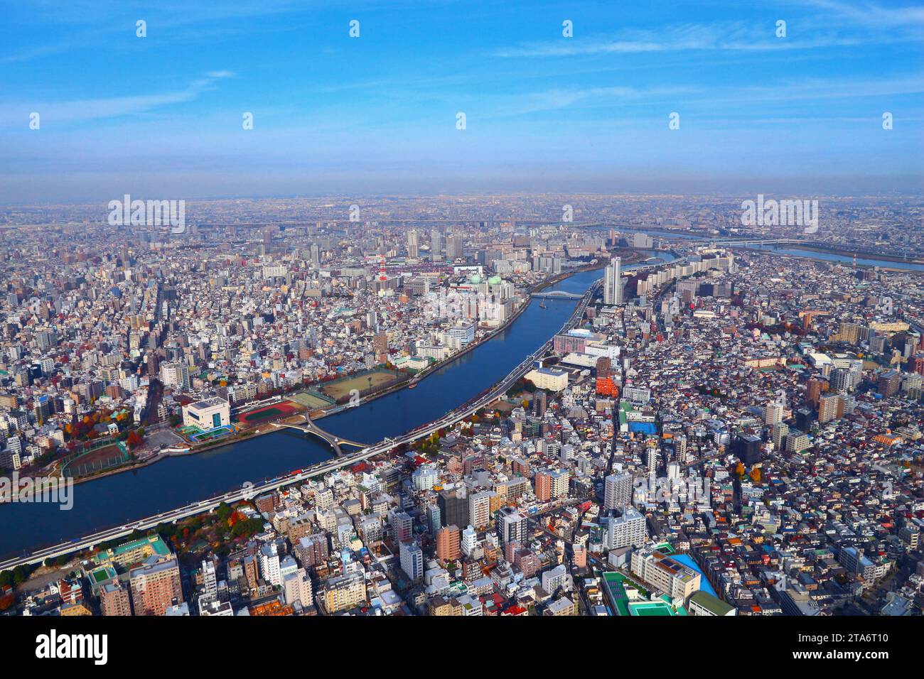 Tokyo city aerial view. Sumida River in foreground, Arakawa River in ...