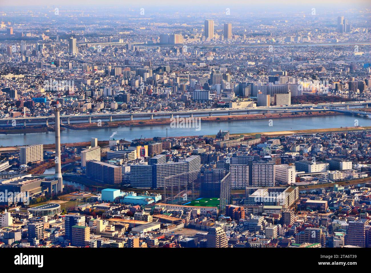 Tokyo city aerial view. Arakawa River in Tokyo. Hirai district. Sumida ...