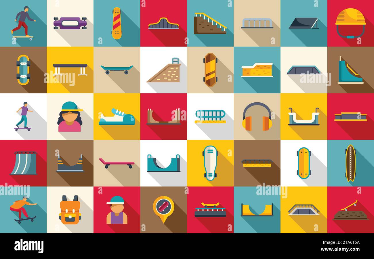 Skating park icons set flat vector. Skate roller stunt. Ramp young extreme Stock Vector Image ...