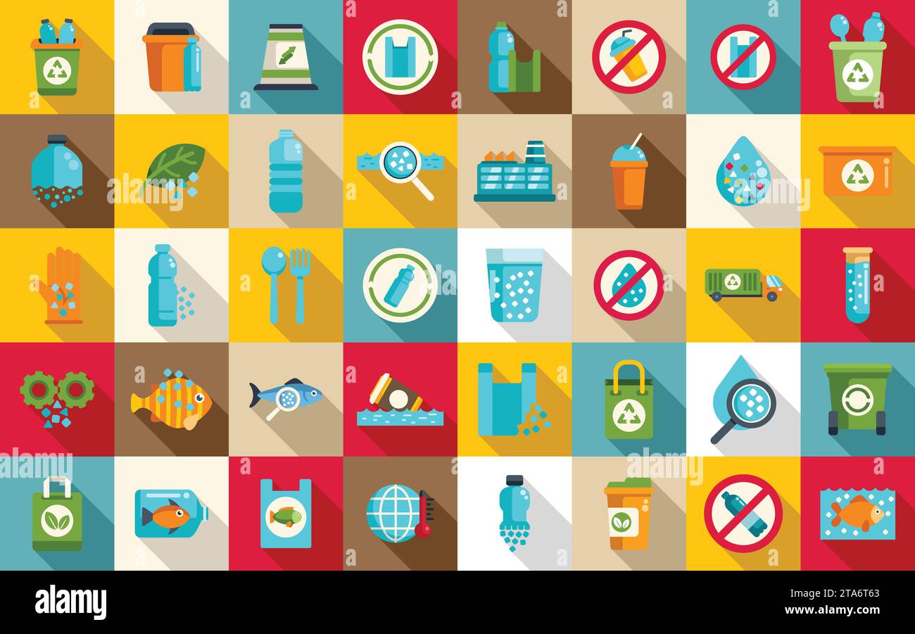 Microplastics pollution icons set flat vector. Fish environment plastic ...