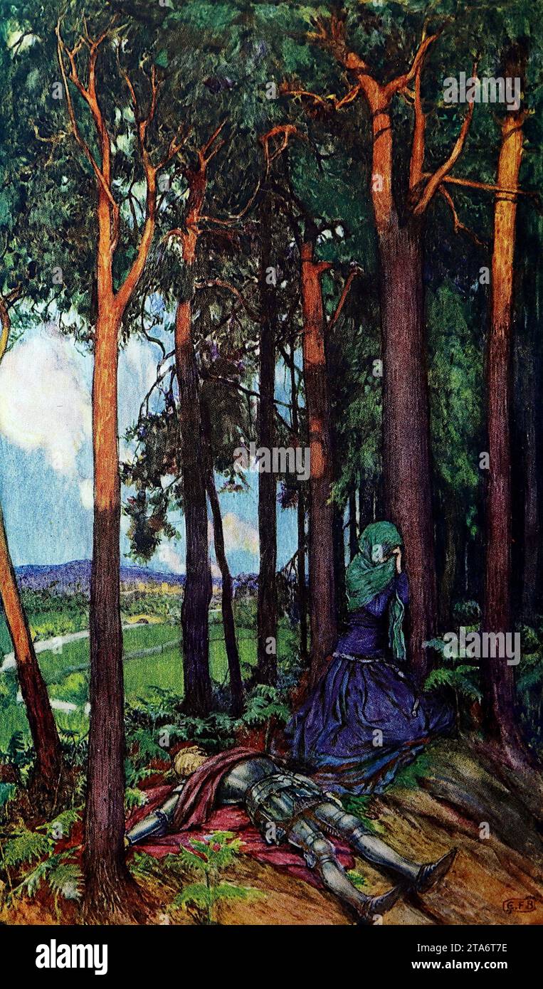 A lady in woods with a knight laying beside her. Colour illustration ...