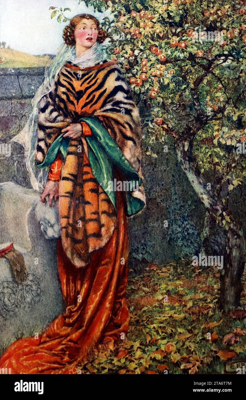 Vivien: A lady in robes beside an apple tree. Colour illustration ...