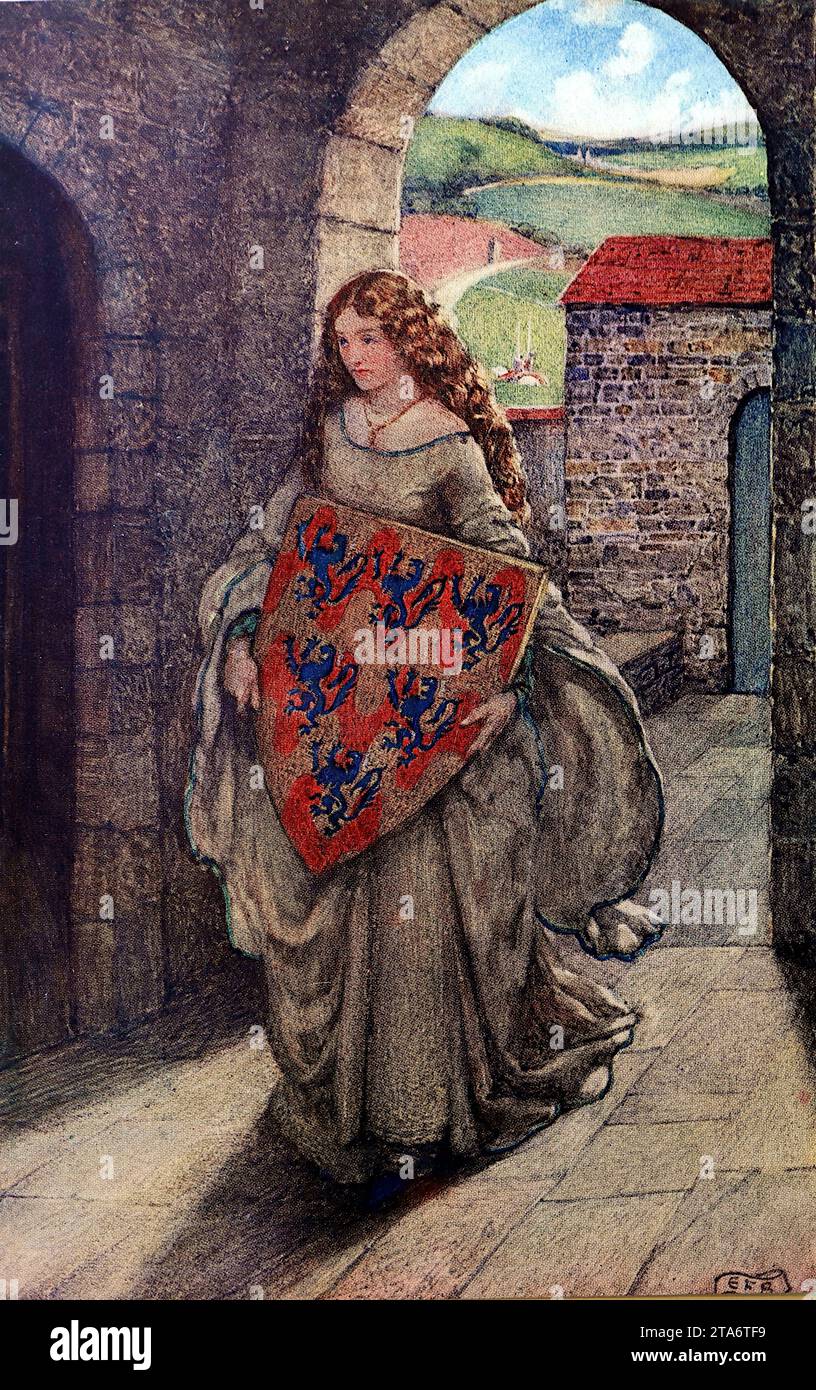 Elaine: In a castle, carrying Lancelot’s shield. Colour illustration ...