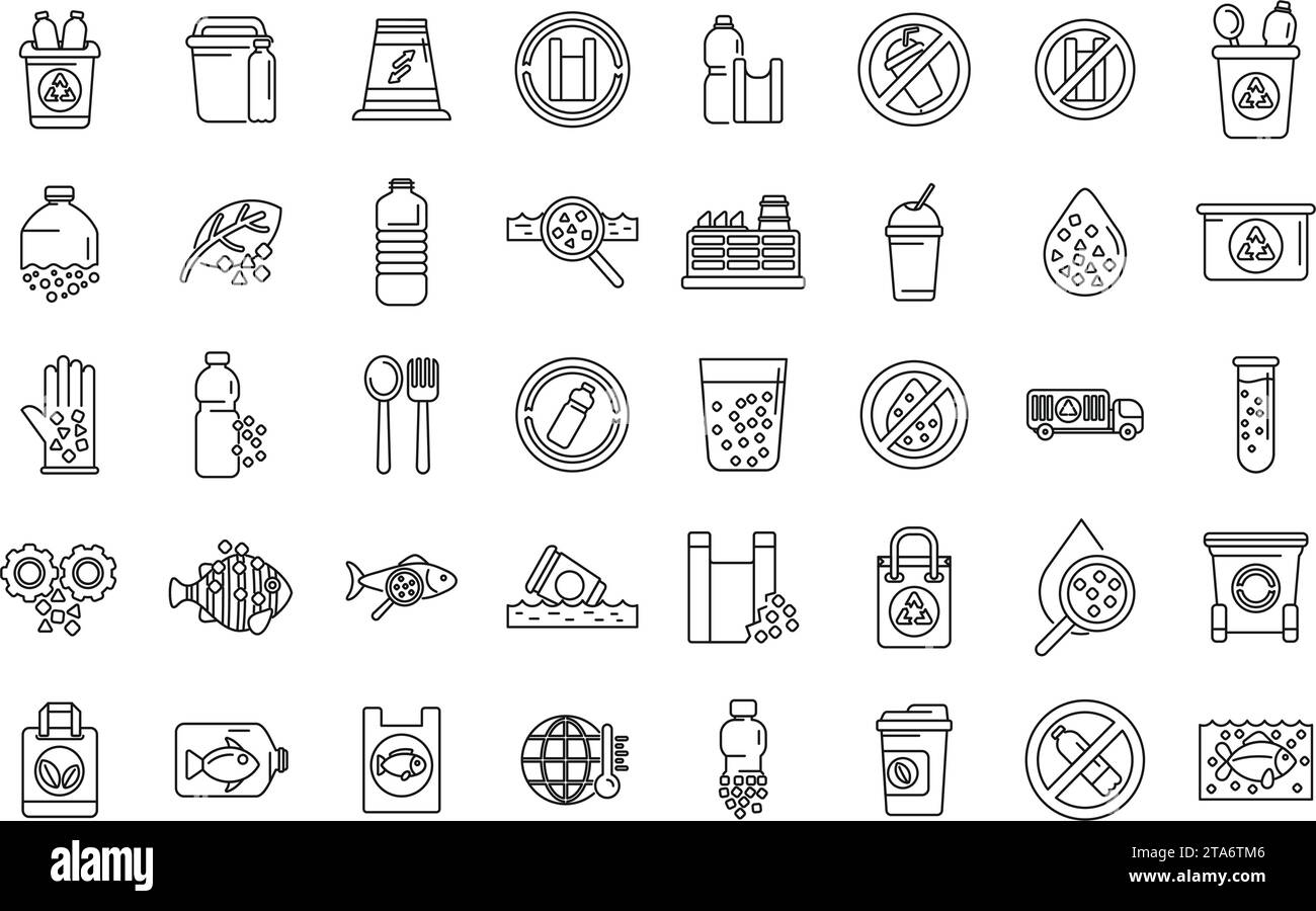 Microplastics pollution icons set outline vector. Fish environment ...