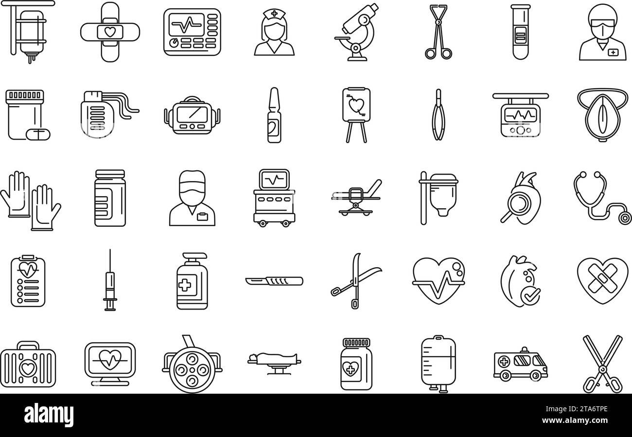Cardiac surgeon icons set outline vector. Valve aortic stenosis. Mitral cardio Stock Vector ...