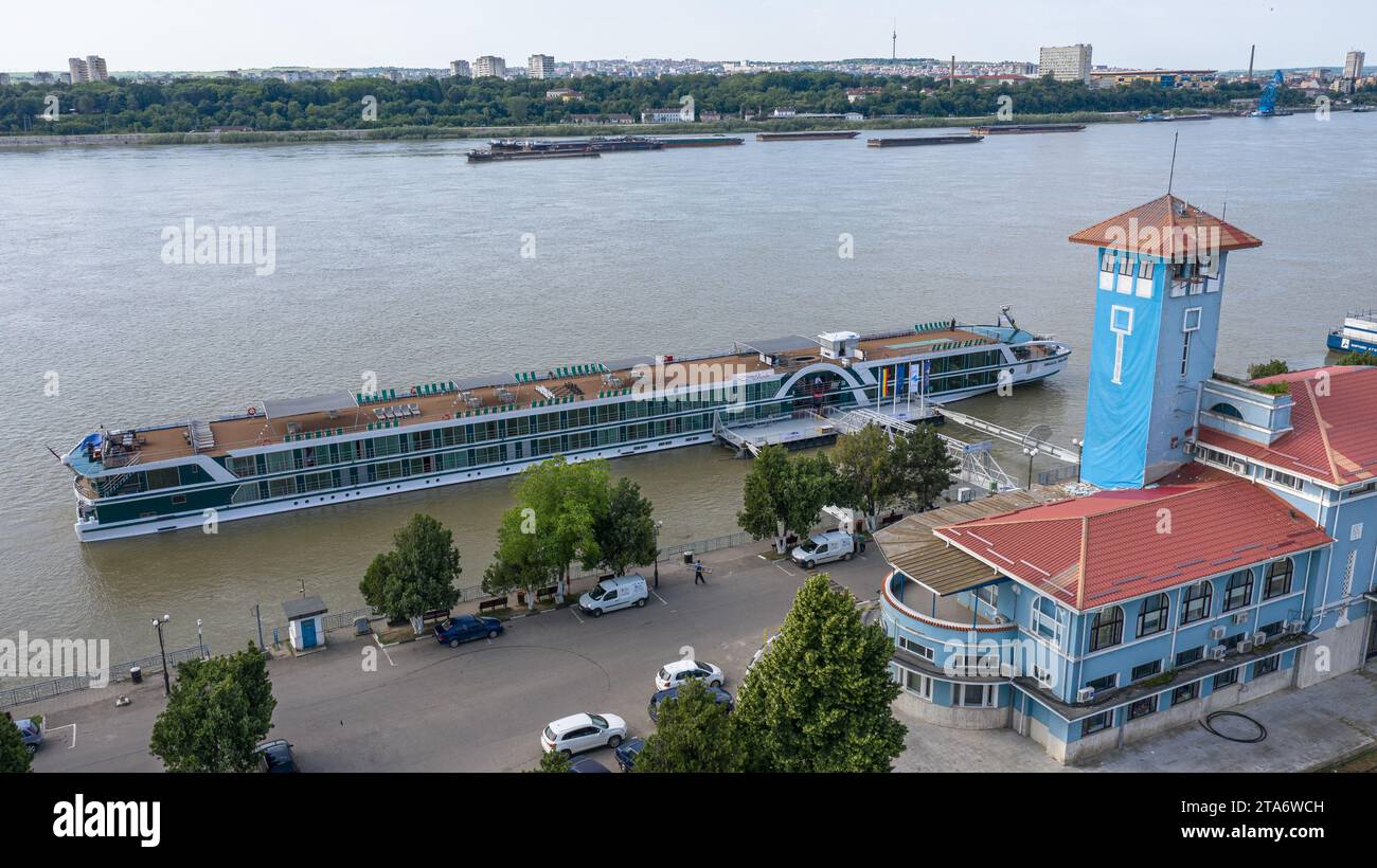The river cruise ship Amadeus Brilliant moored in the Romanian port of Giurgiu, Danube cruises ...