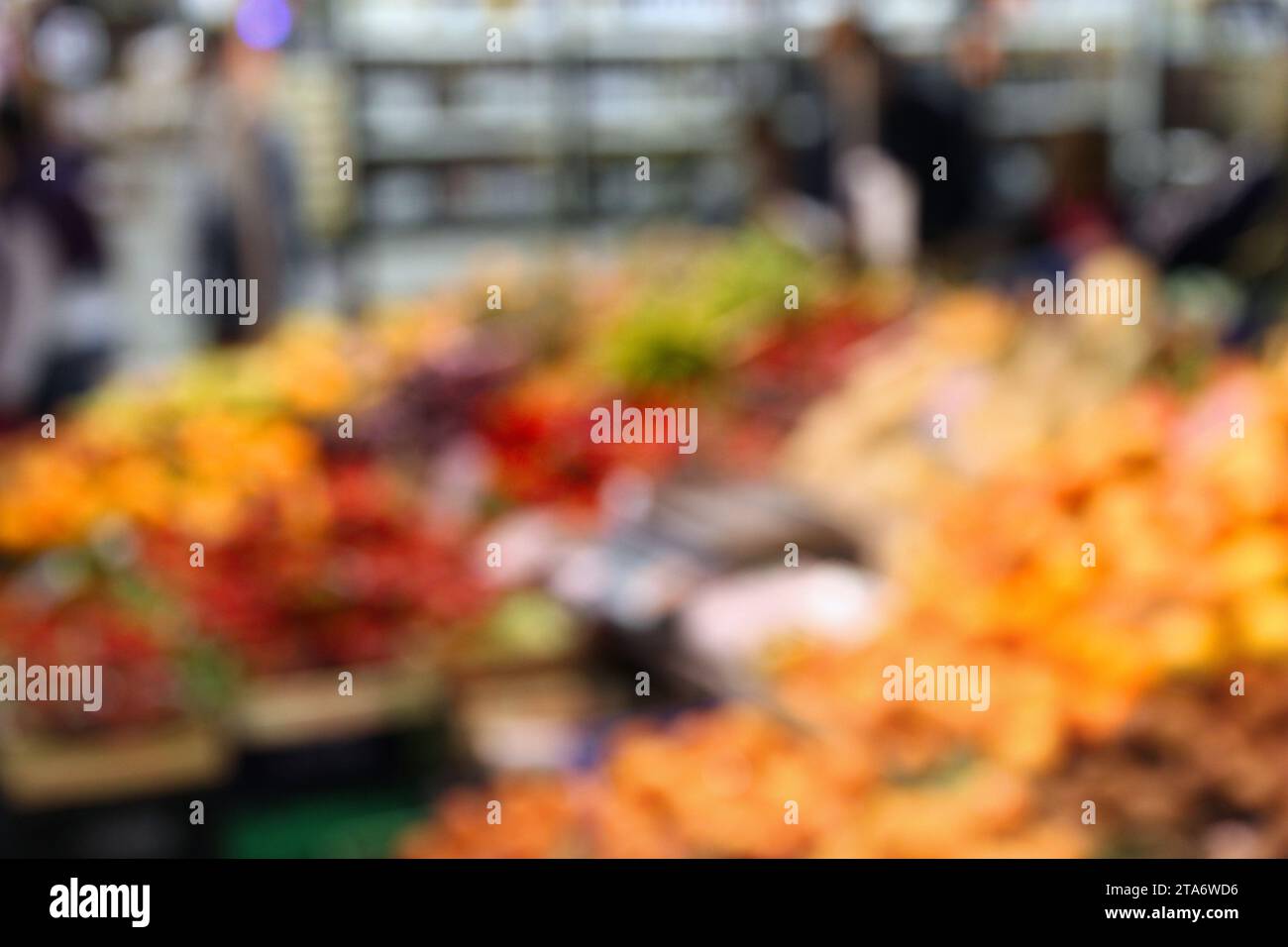 Food market defocused background. Bokeh blurry fruit and vegetables in ...