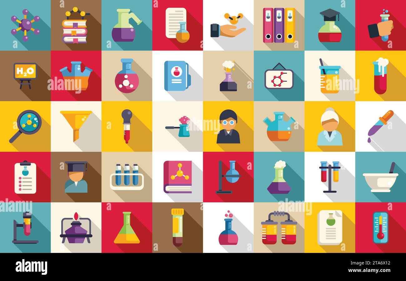Chemistry teacher icons set flat vector. Woman science. Girl career lab ...