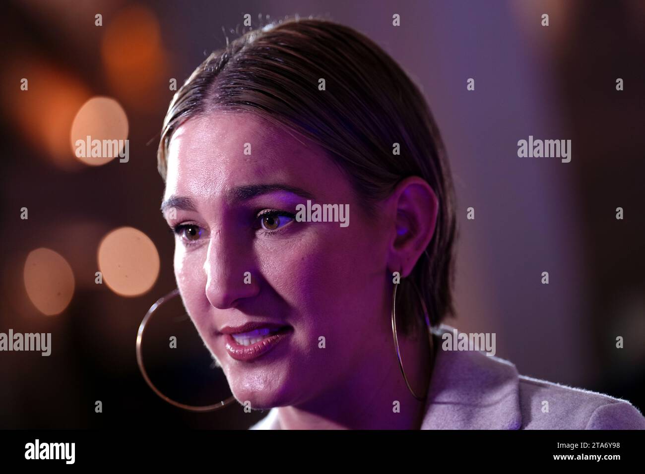 Boxer Mikaela Mayer during a press conference at the Andaz London ...