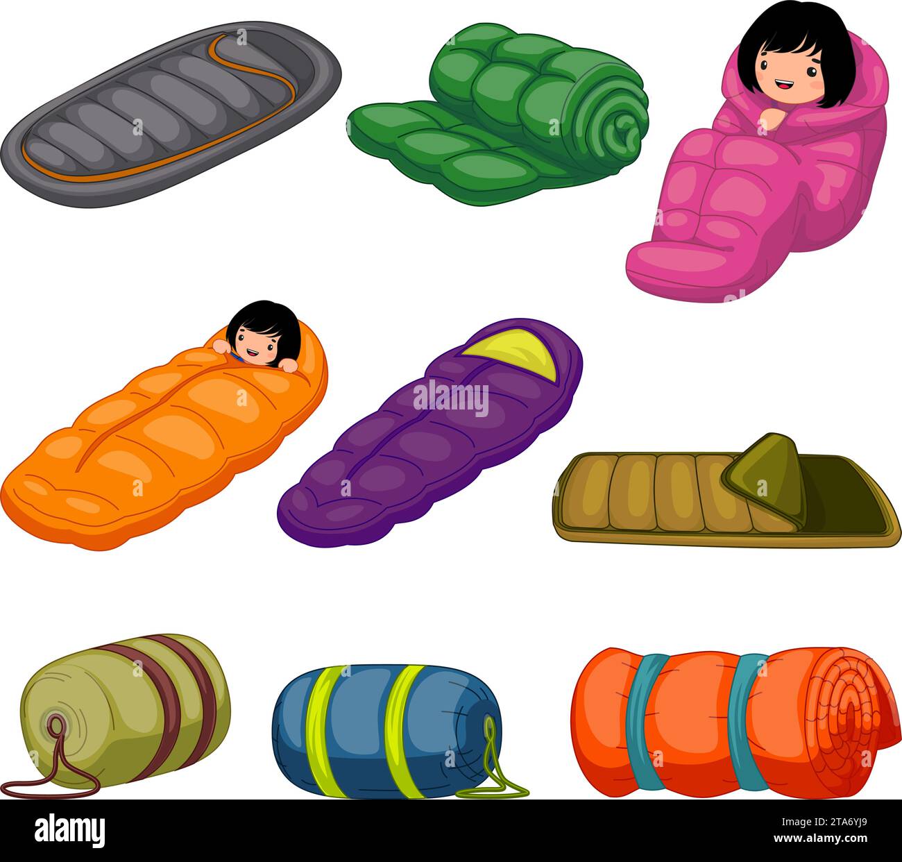 Sleeping bag icons set cartoon vector. Adventure roll blanket. Camp ...
