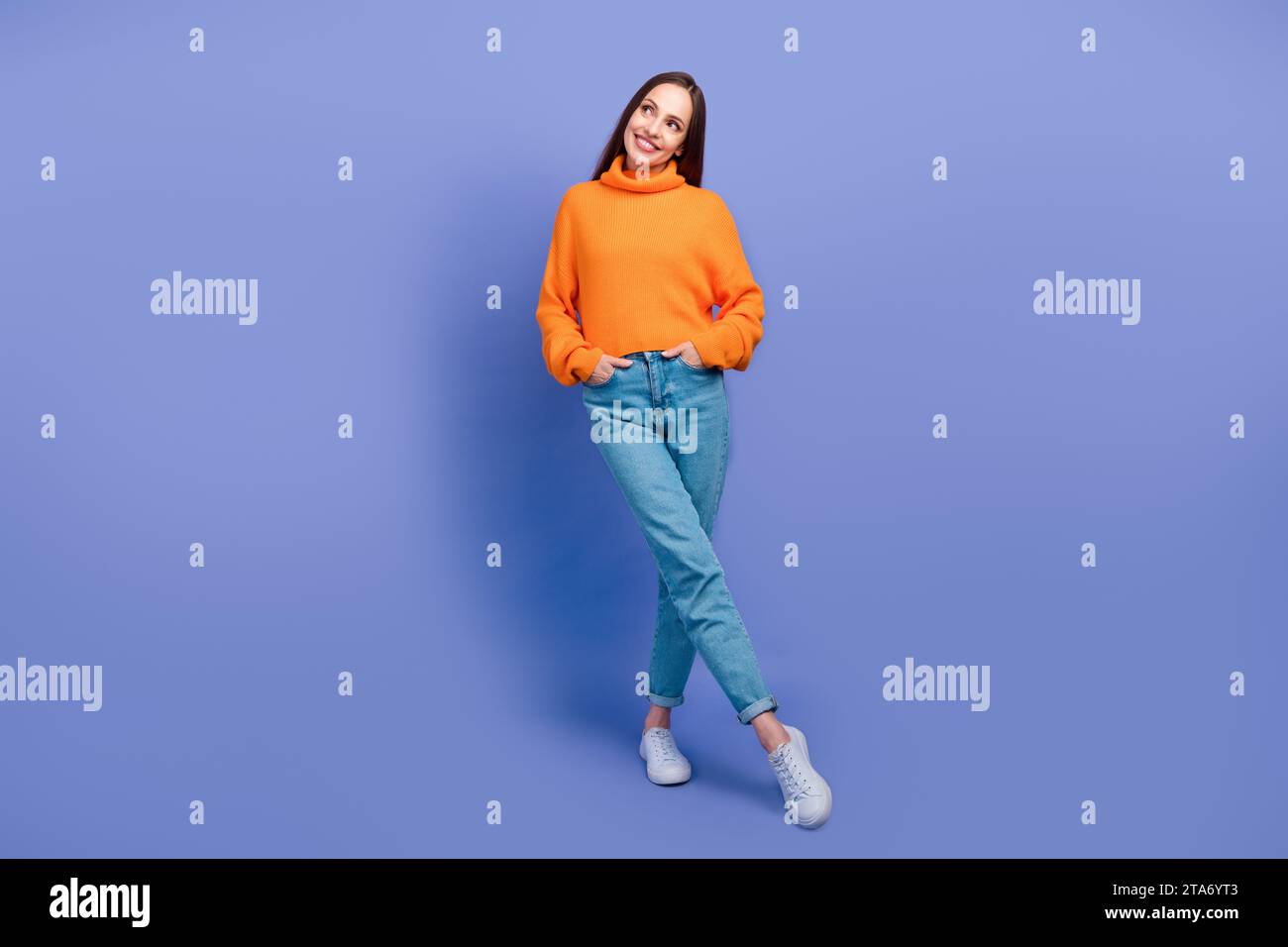 Full body size photo of dreamy mature lady in casual garment interested ...