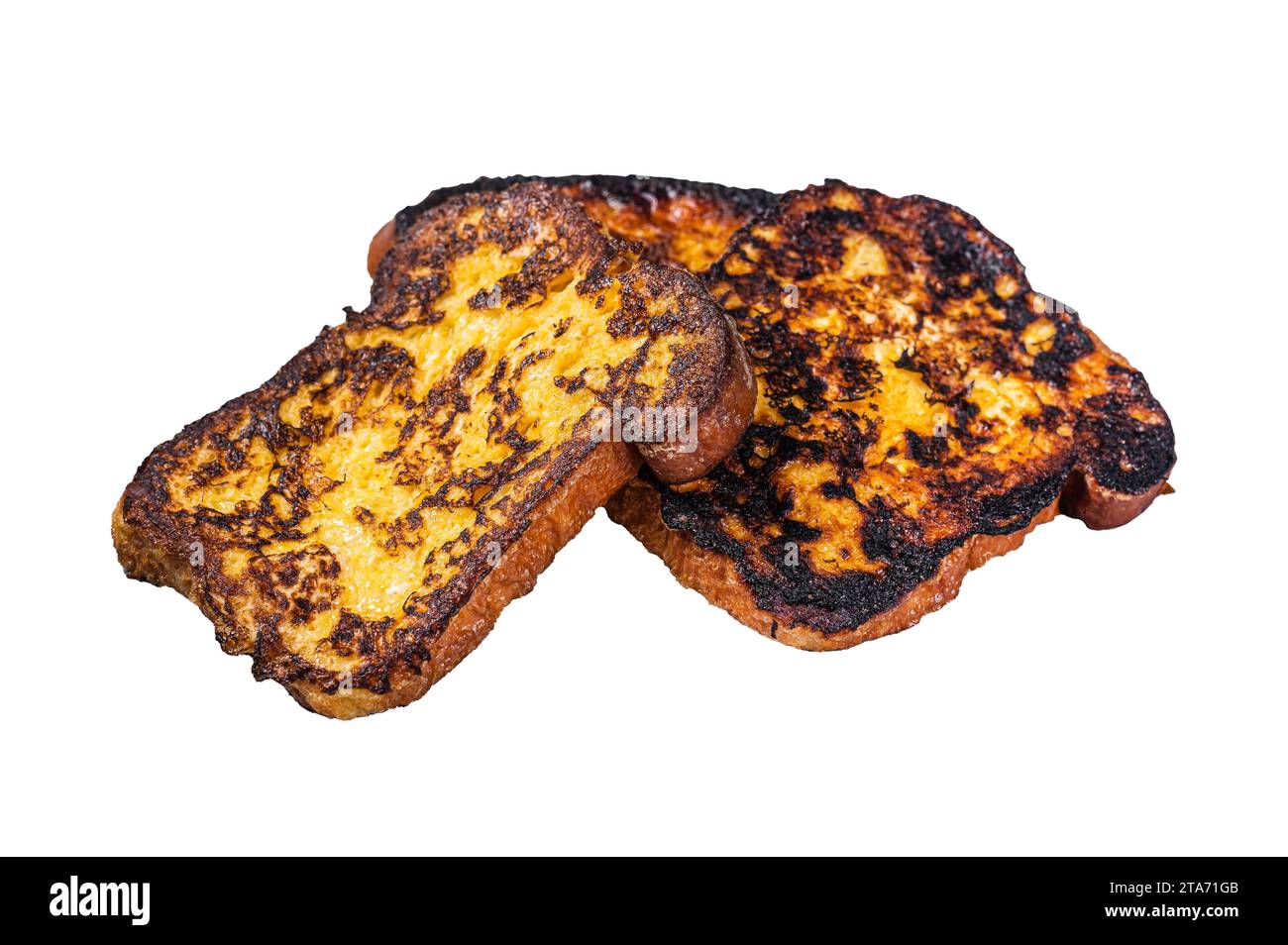 Stack of delicious french toasts on table. Isolated, white background ...