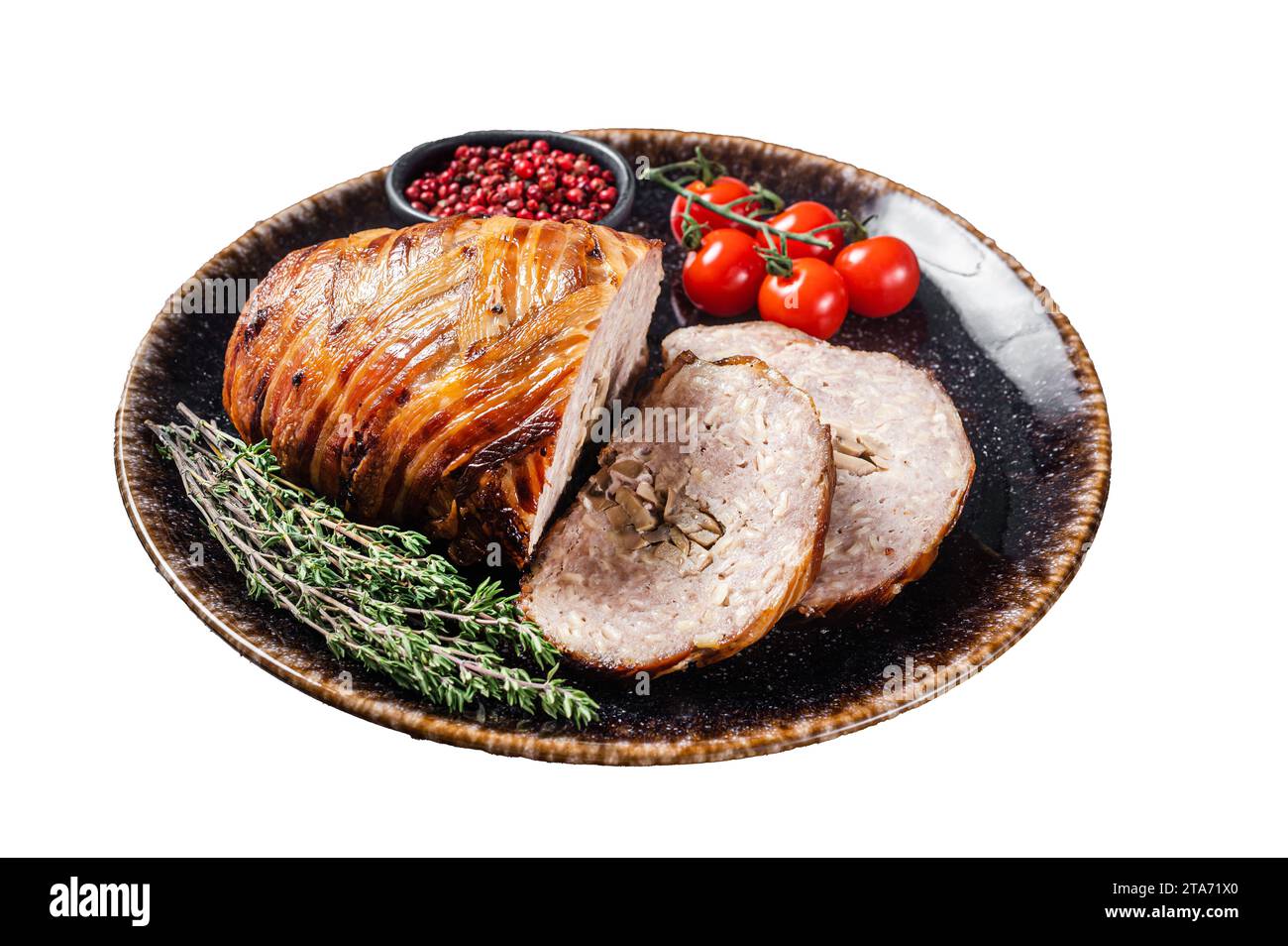 Baked delicious beef meatloaf, sliced meat loaf with bacon and herbs on ...