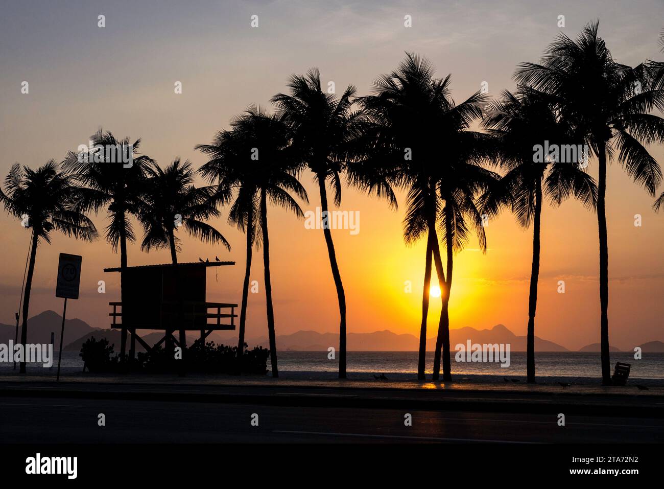Palm Trees and Lifeguard Post in Copacabana Beach on Sunrise Stock ...