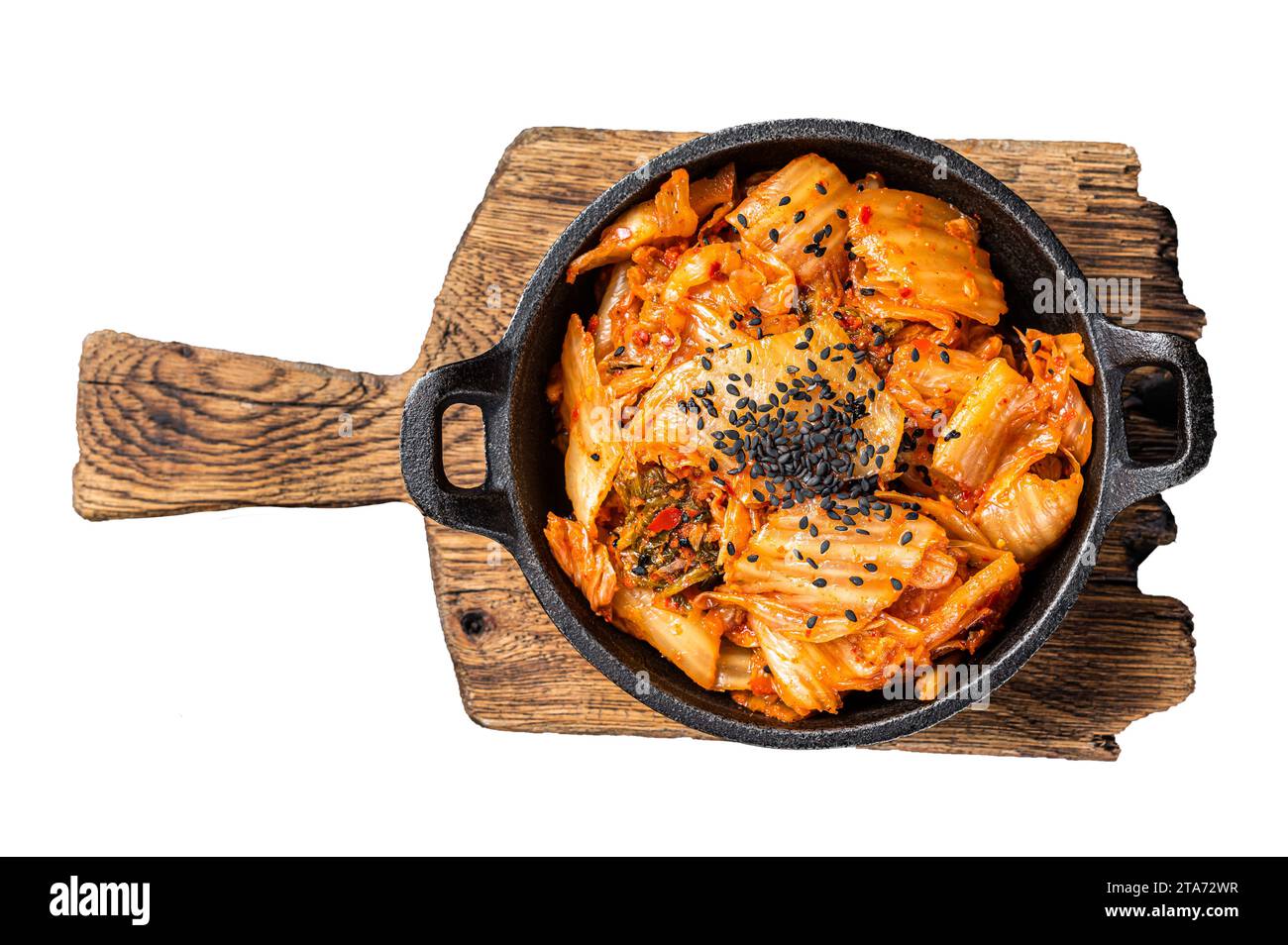 Kimchi salted and fermented chinese cabbage in a skillet. Isolated ...