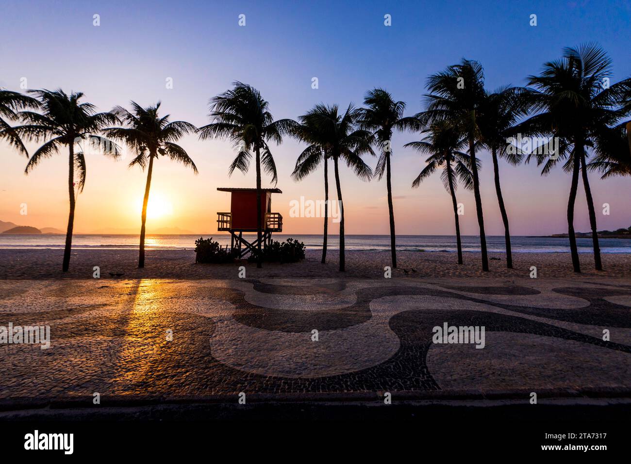 Palm Trees and Lifeguard Post in Copacabana Beach on Sunrise and Famous ...