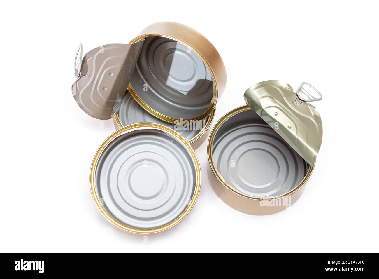 Three Opened Empty Tin Cans Isolated on White Background. Clean Used ...