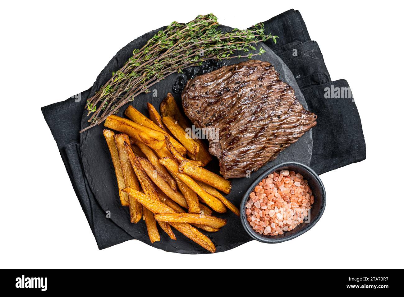 Venison dear steak with sea salt and french fry, game meat. Isolated ...