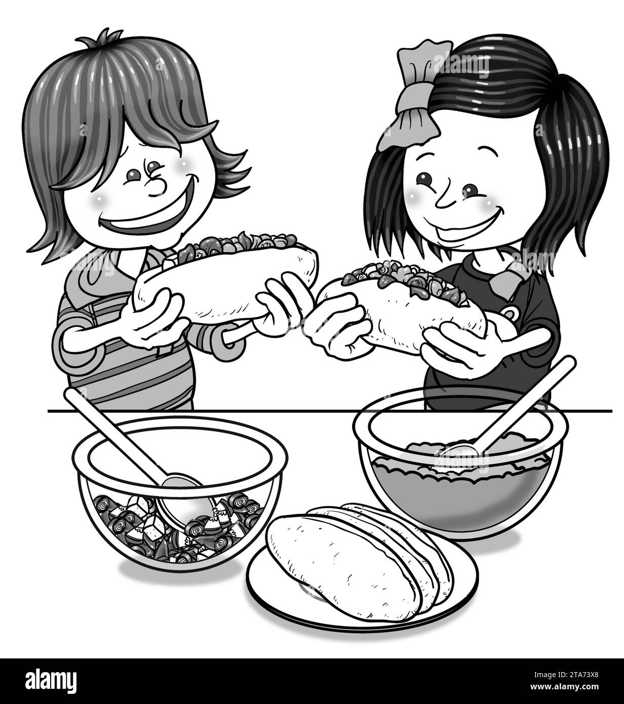 Back and white art, young boy and girl holding wraps that they have ...