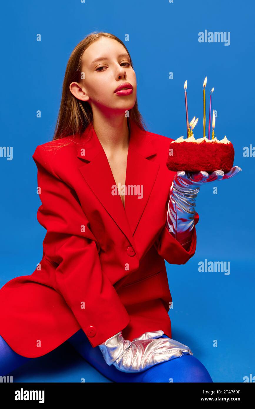 Portrait of young lady dressed unusual, freaky, bright clothes, wearing ...