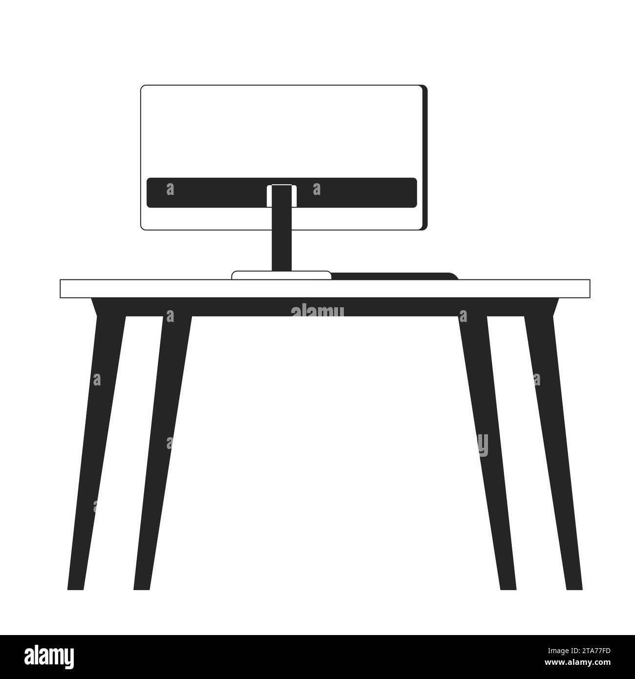 Computer monitor desk office black and white 2D line cartoon object ...