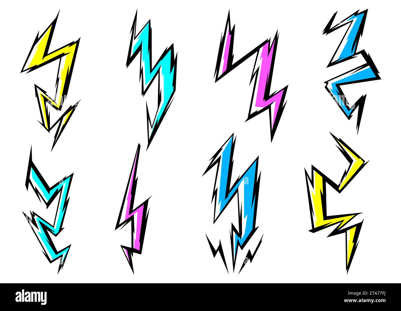 Set of cartoon lightnings. Grunge graffiti stylized image of natural ...