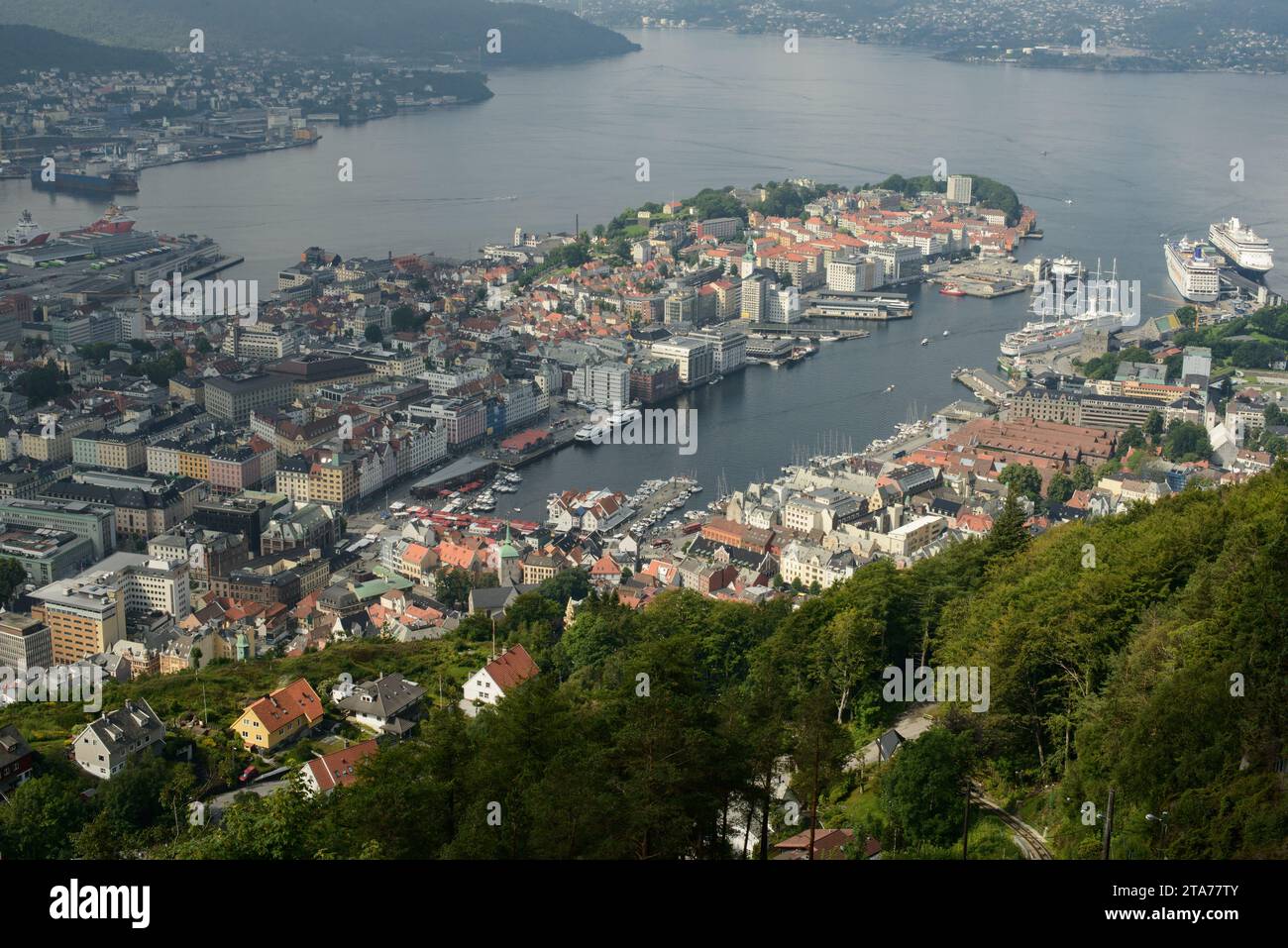 Aerial view of Bergen city showcasing its vibrant architecture, busy harbors, and surrounding ...