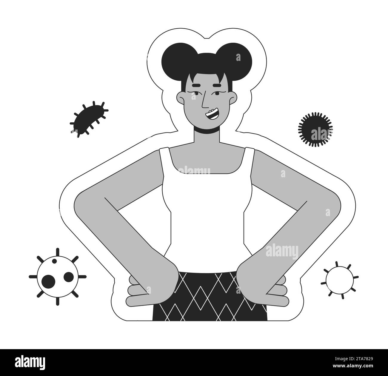 Black young woman protected from getting viruses black and white 2D ...