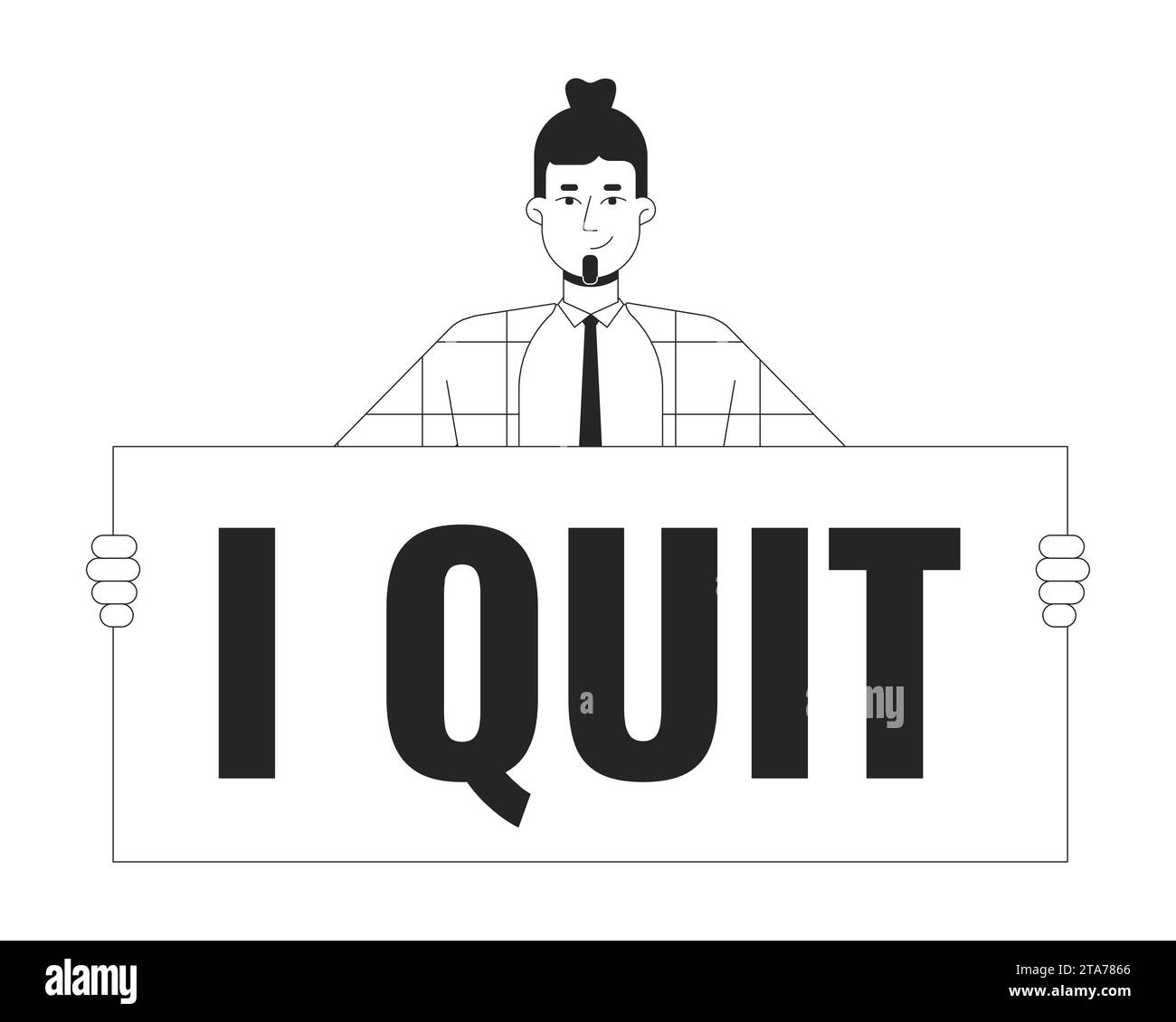 Bearded caucasian man holding sign i quit black and white 2D line ...