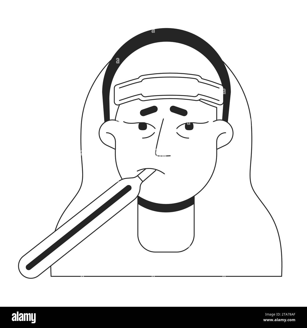 Seasonal flu woman temperature assess black and white 2D vector avatar ...