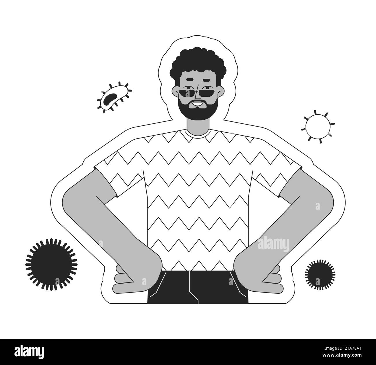 Black bearded man protected from infections black and white 2D line cartoon character Stock ...