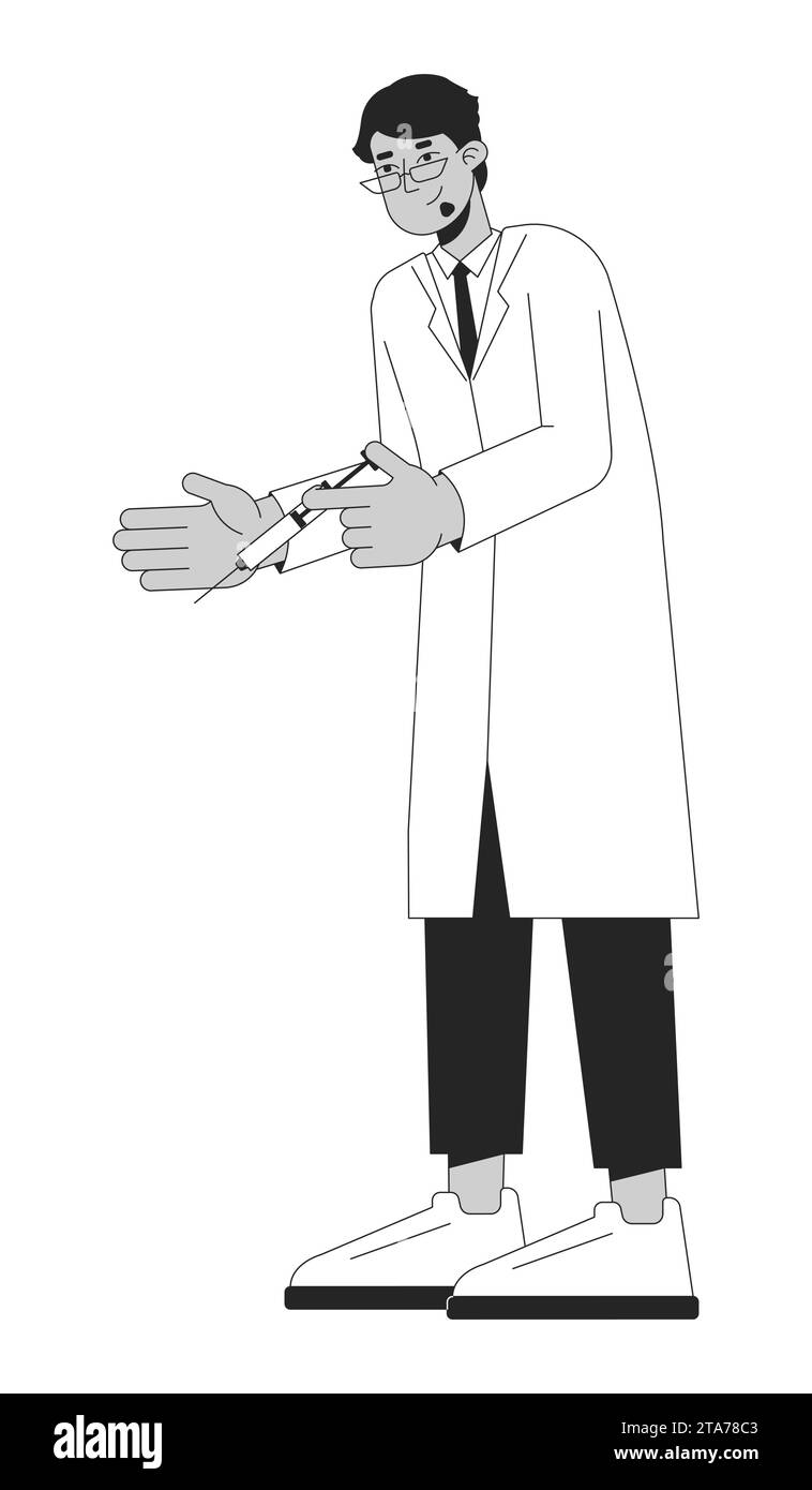 Arab white coat doctor holding syringe black and white 2D line cartoon character Stock Vector ...