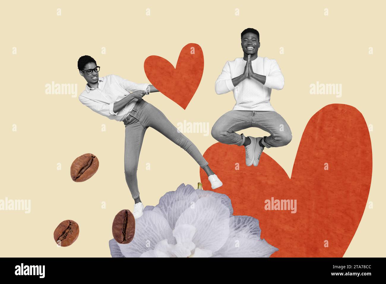 Collage artwork of smiling funky couple asking celebrate 14 february ...