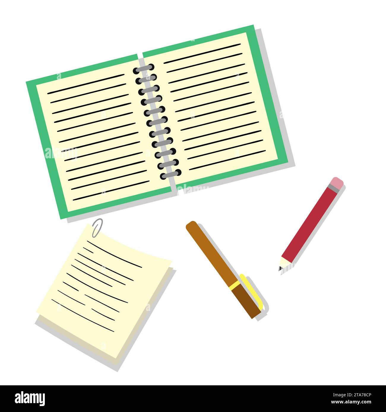 Notebooks, note papers, pens on the work table illustration, cartoon ...