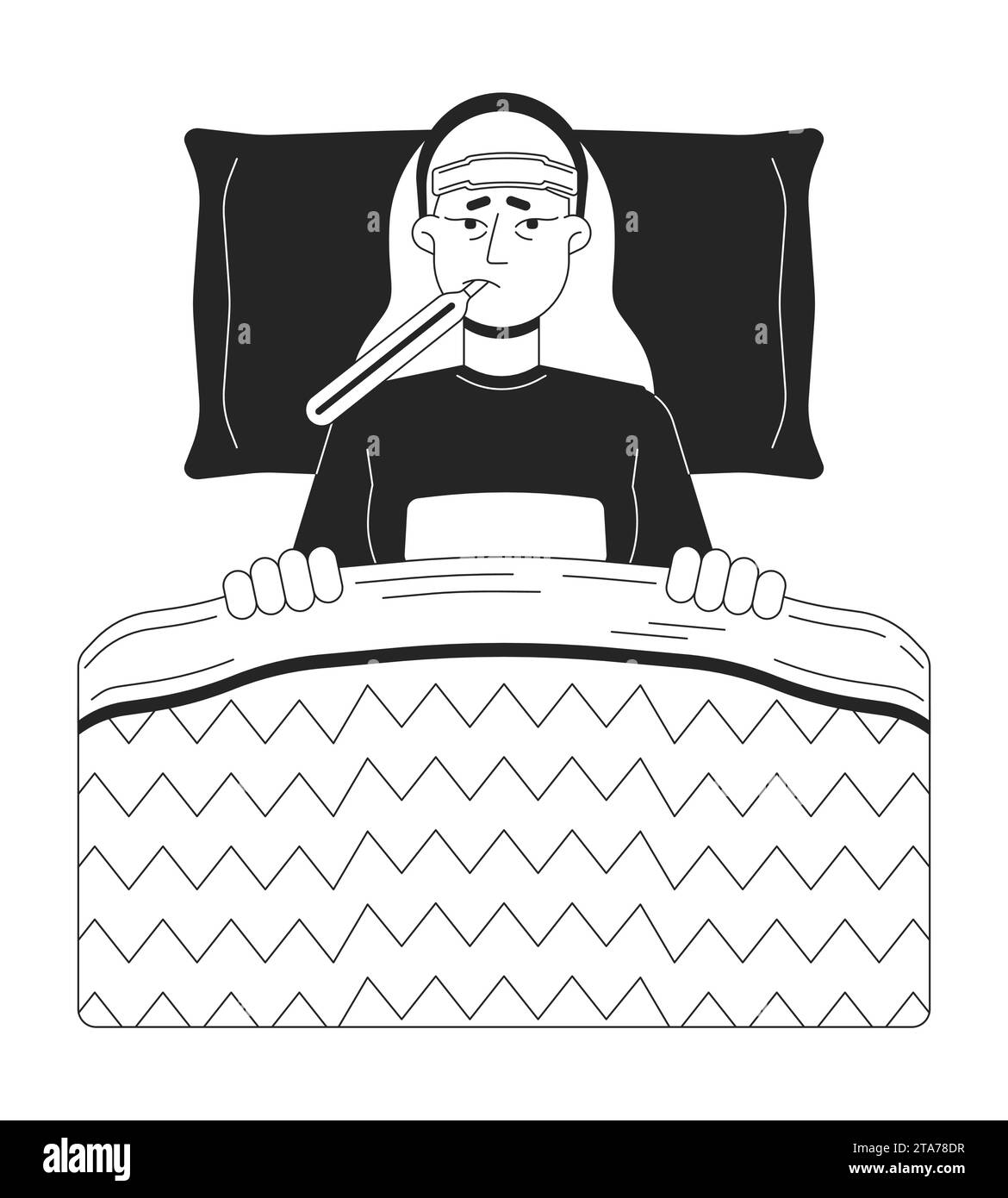 Flu sick blonde woman lying in bed black and white 2D line cartoon ...