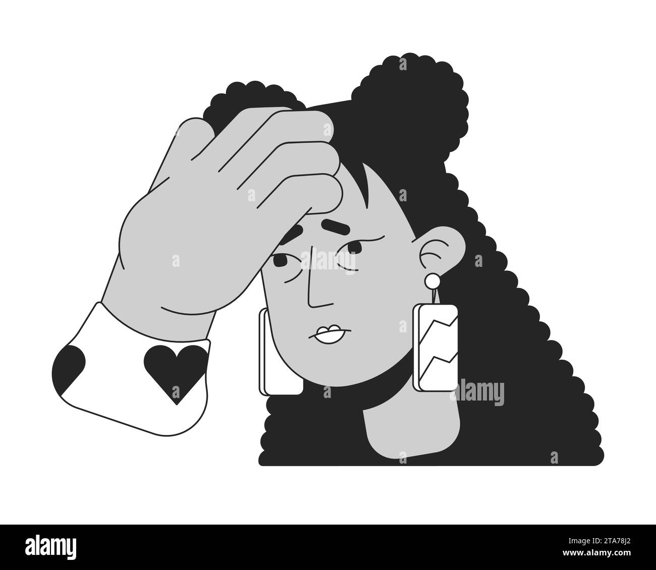 Latina woman touching forehead for fever check black and white 2D line ...