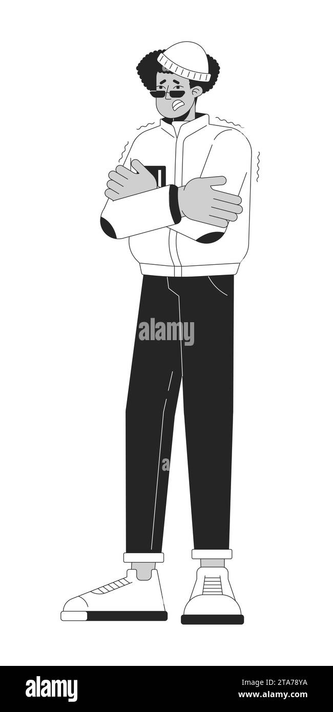 Shivering from cold weather black and white cartoon flat illustration ...